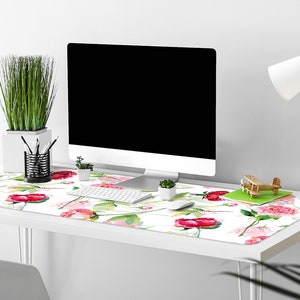 Single Pink Roses Desk Mat, Green Desk Cover, Pink Desk Protector ...