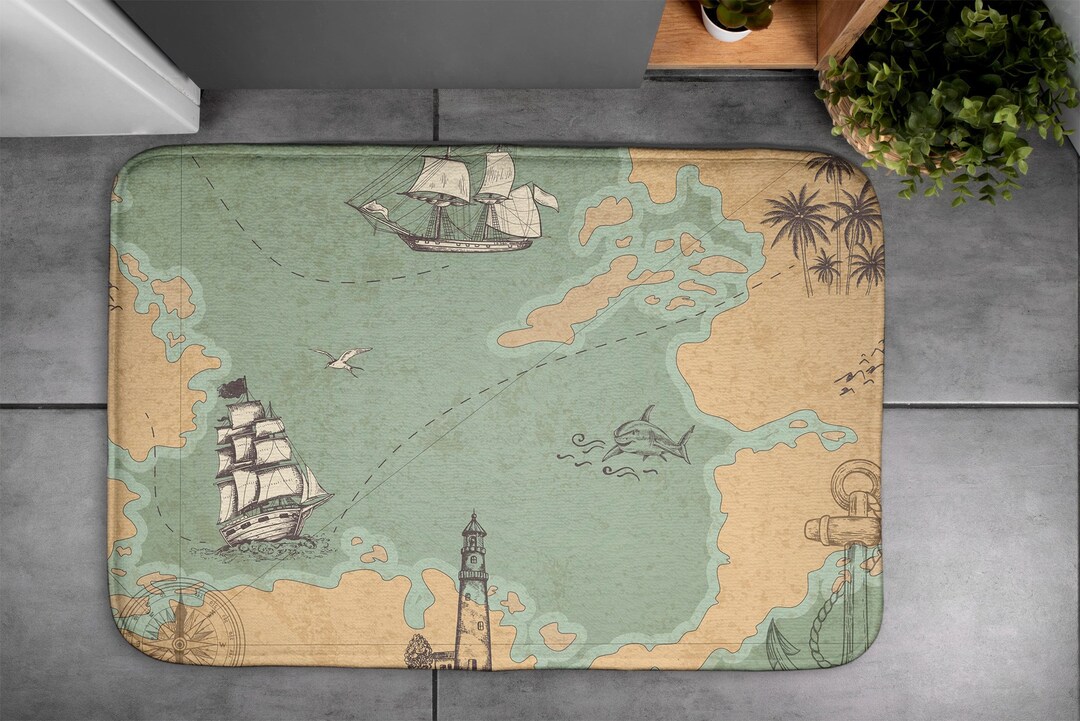 Old Map, Soft Mat, Classic Pattern, Green, Small Carpet, Bath Rug ...