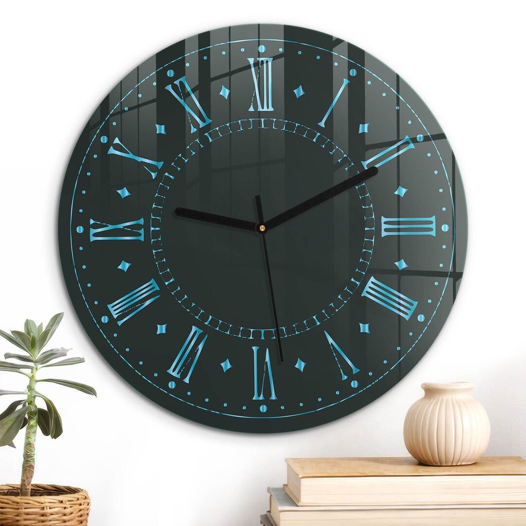 Minimalist Clock - Custom Glass Wall Clock, Turquoise Large Wall Clock ...
