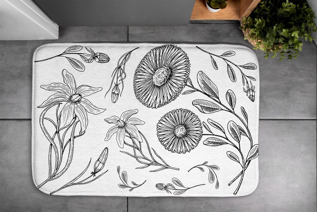 Flowers Pattern, Soft Mat, Floral Pattern, White, Small Carpet, Bath ...