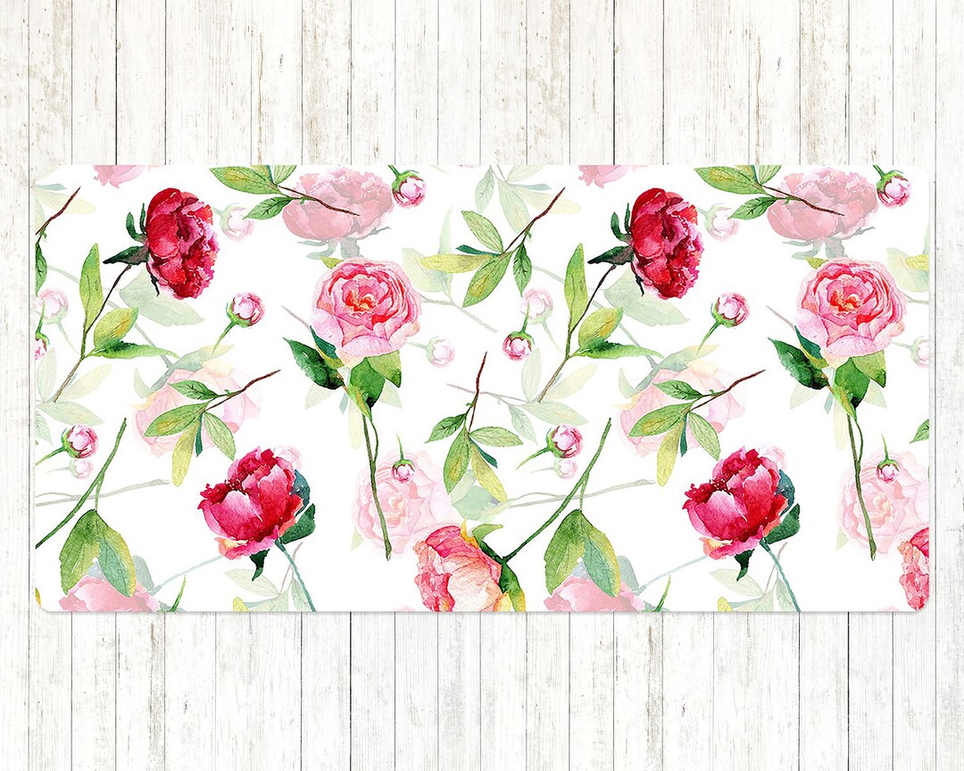 Single Pink Roses Desk Mat, Green Desk Cover, Pink Desk Protector ...