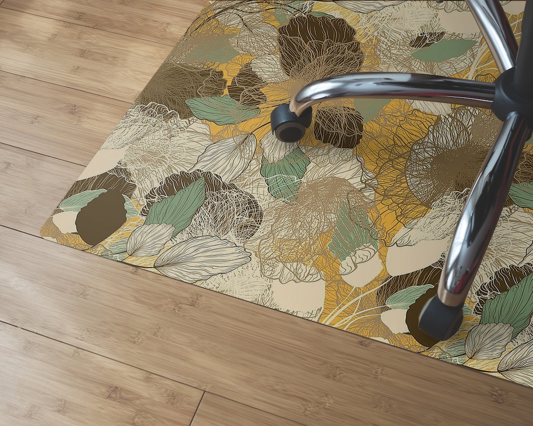 Abstract Floral Chair Mat, Yellow Floor Area Pad, Brown Perfect Gift ...