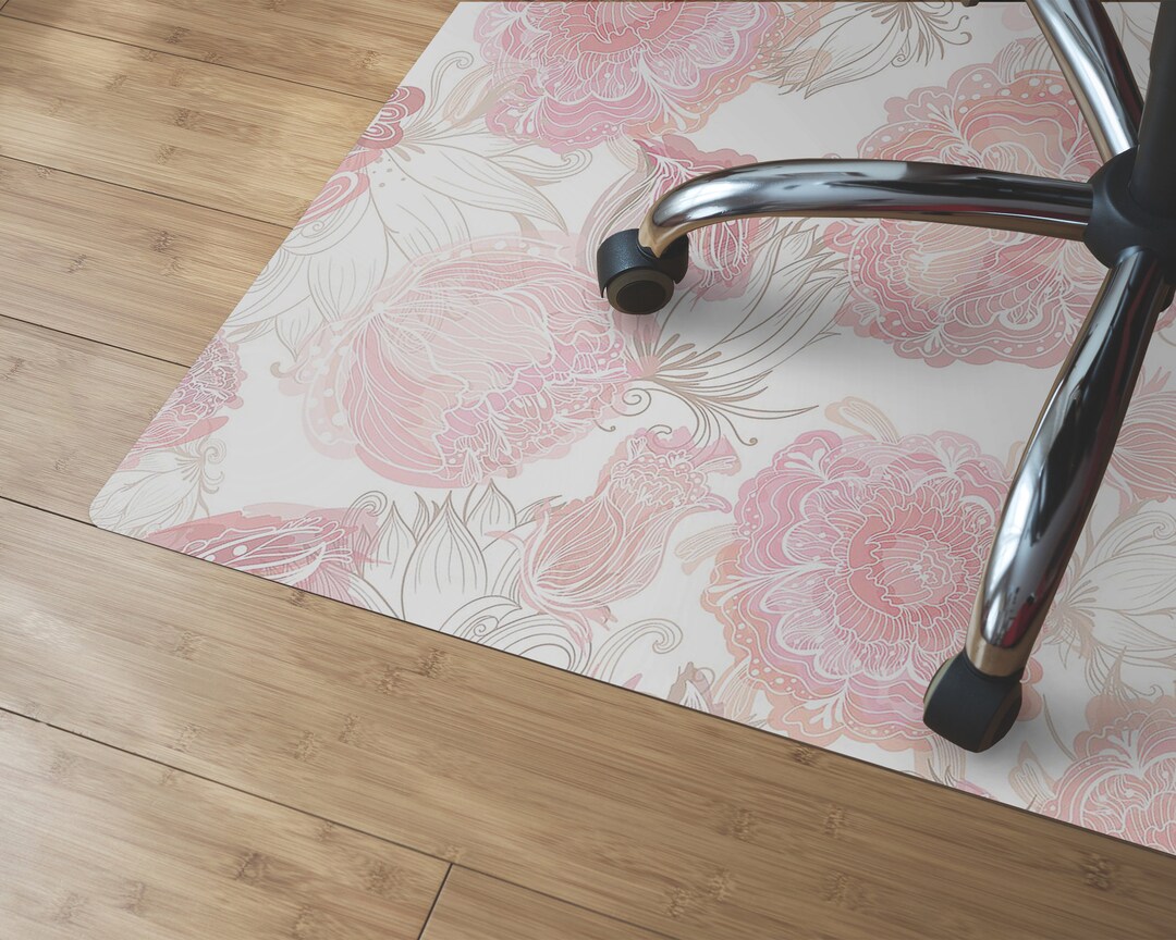 Romantic Soft Floral Chair Mat, White Wood Floor Protection Mat, Pink ...