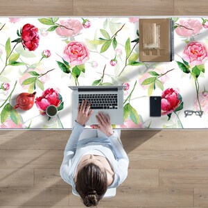 Single Pink Roses Desk Mat, Green Desk Cover, Pink Desk Protector ...