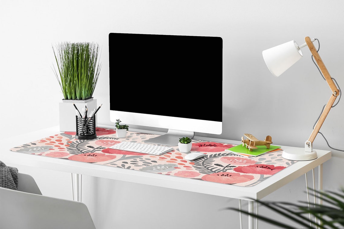 Poppy Illustration Computer Desk Mat, Red Mouse Pad, Gray Keyboard Mat ...