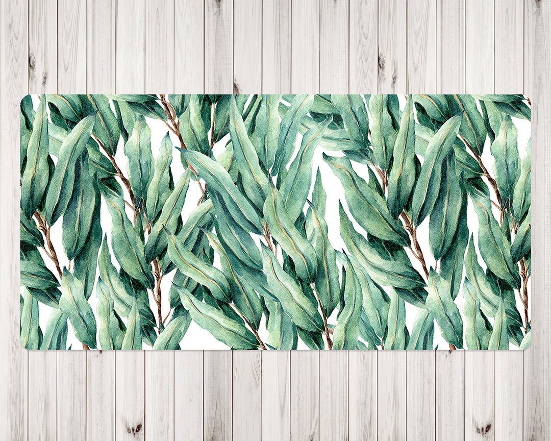 Thick Green Leaves Desk Pad, Green Gaming Room Decor, White Desk Mat ...