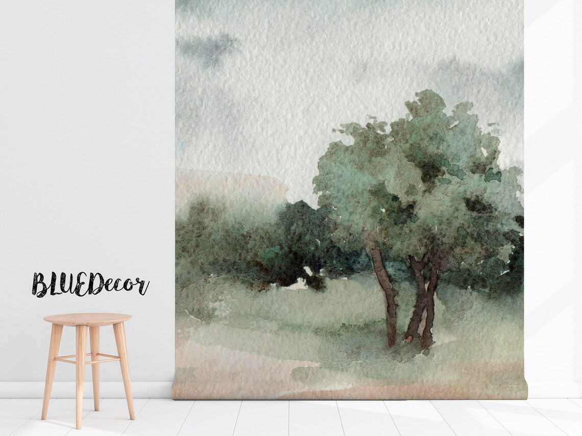 Watercolor Trees Landscape Wall Covering, Removable Wallpaper, Abstract ...