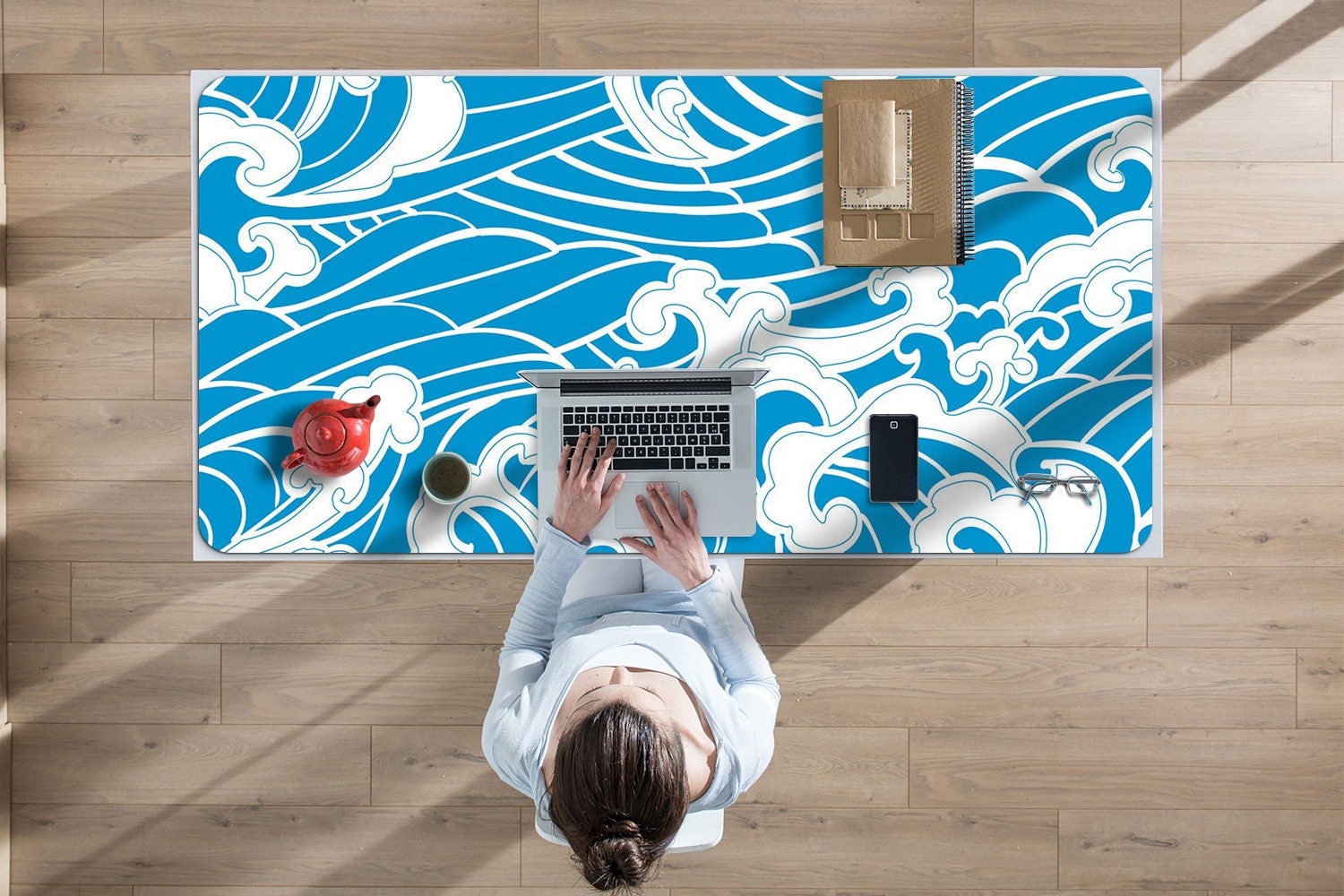 Blue Waves Desk Mat, White Keyboard Mat, Cyan Desk Mat Gaming, Sea Desk ...