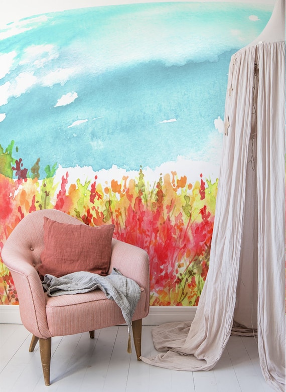 Watercolor Flowering Meadow Wall Mural Abstract Nature Self - Etsy
