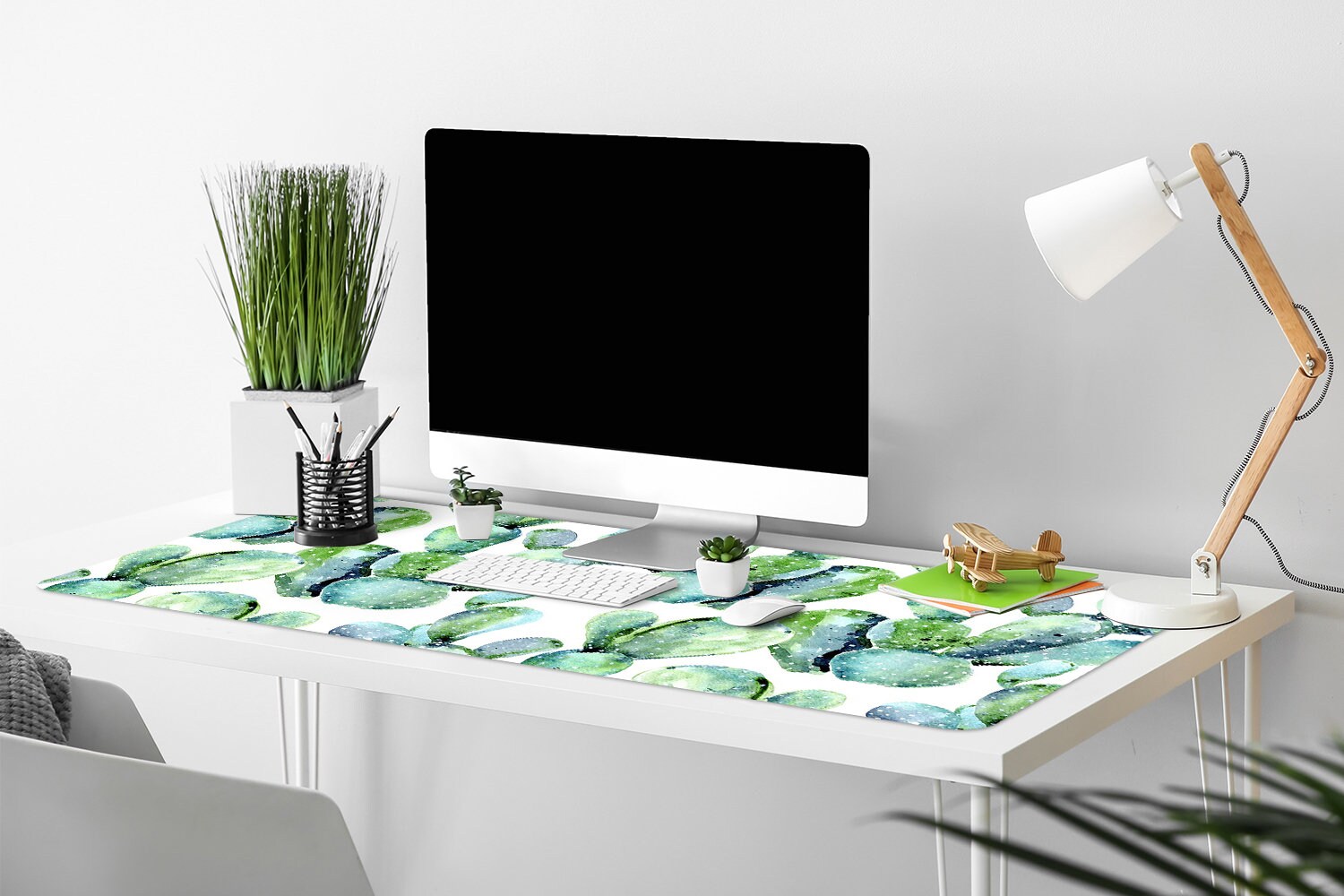 Dotted Watercolor Cactus Desk Mat Design, Green Gaming Room Decor ...