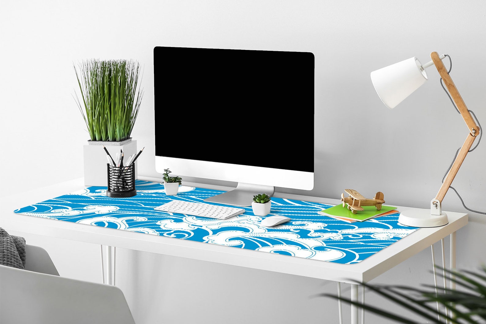 Blue Waves Desk Mat, White Keyboard Mat, Cyan Desk Mat Gaming, Sea Desk ...