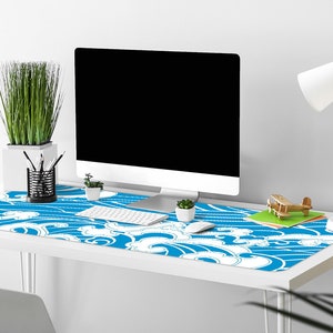Blue Waves Desk Mat, White Keyboard Mat, Cyan Desk Mat Gaming, Sea Desk ...