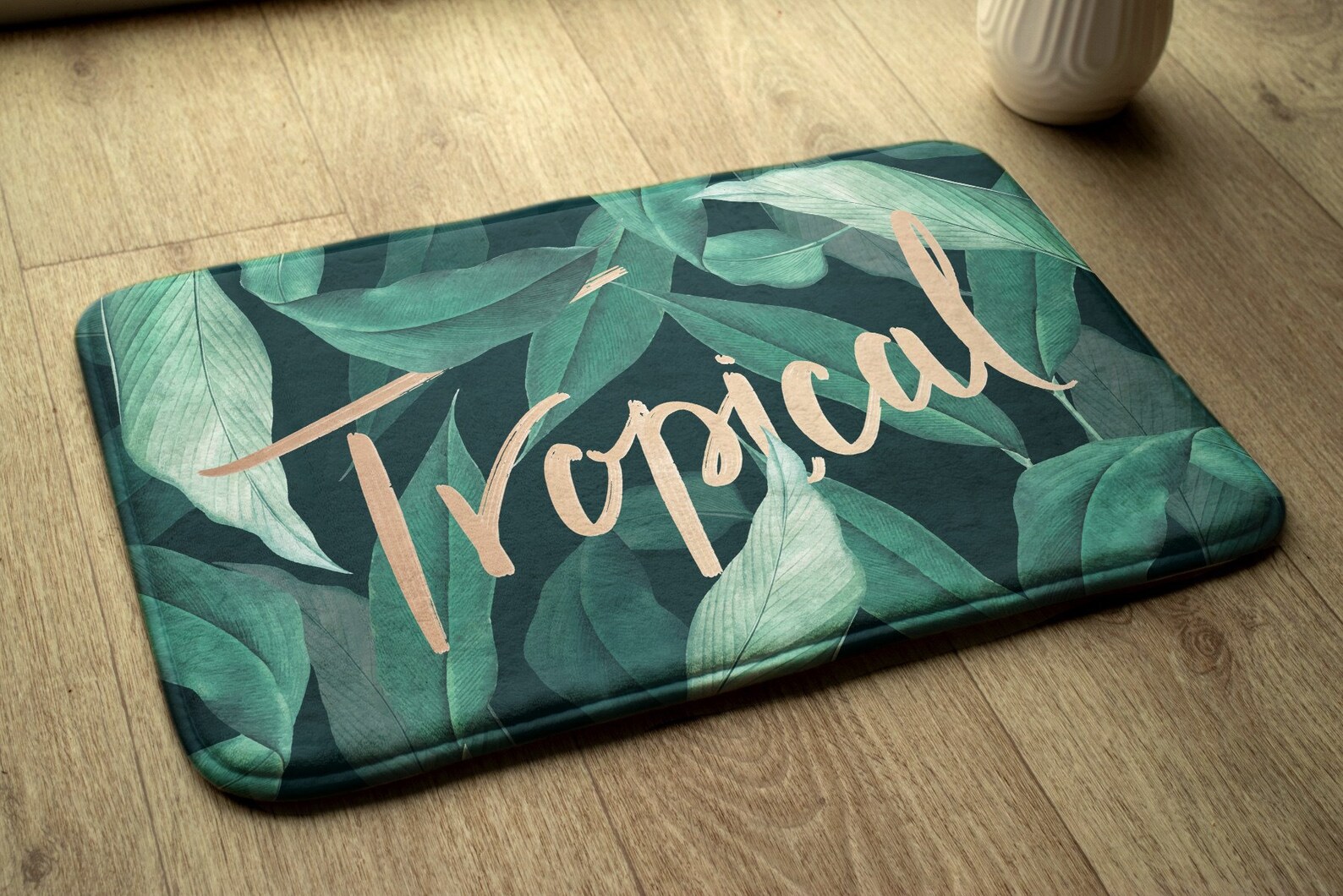 Tropical Leaves, Soft Mat, Botanical Pattern With Text, Green, Nonslip ...