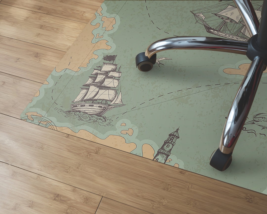 Treasure Map Chair Mat, Beige Protective Mat, Blue Office Floor Decor ...