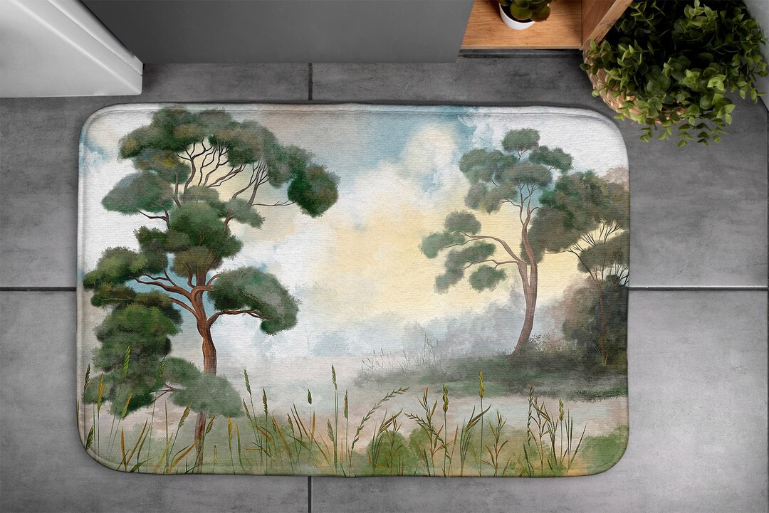 River Landscape, Soft Mat, Classic Pattern, Green, Bathroom Rug ...