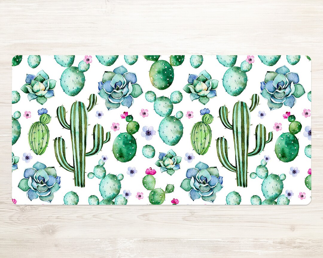 Cactus Elements Print Desk Mat, Green Desk Cover, Pink Desk Protector ...