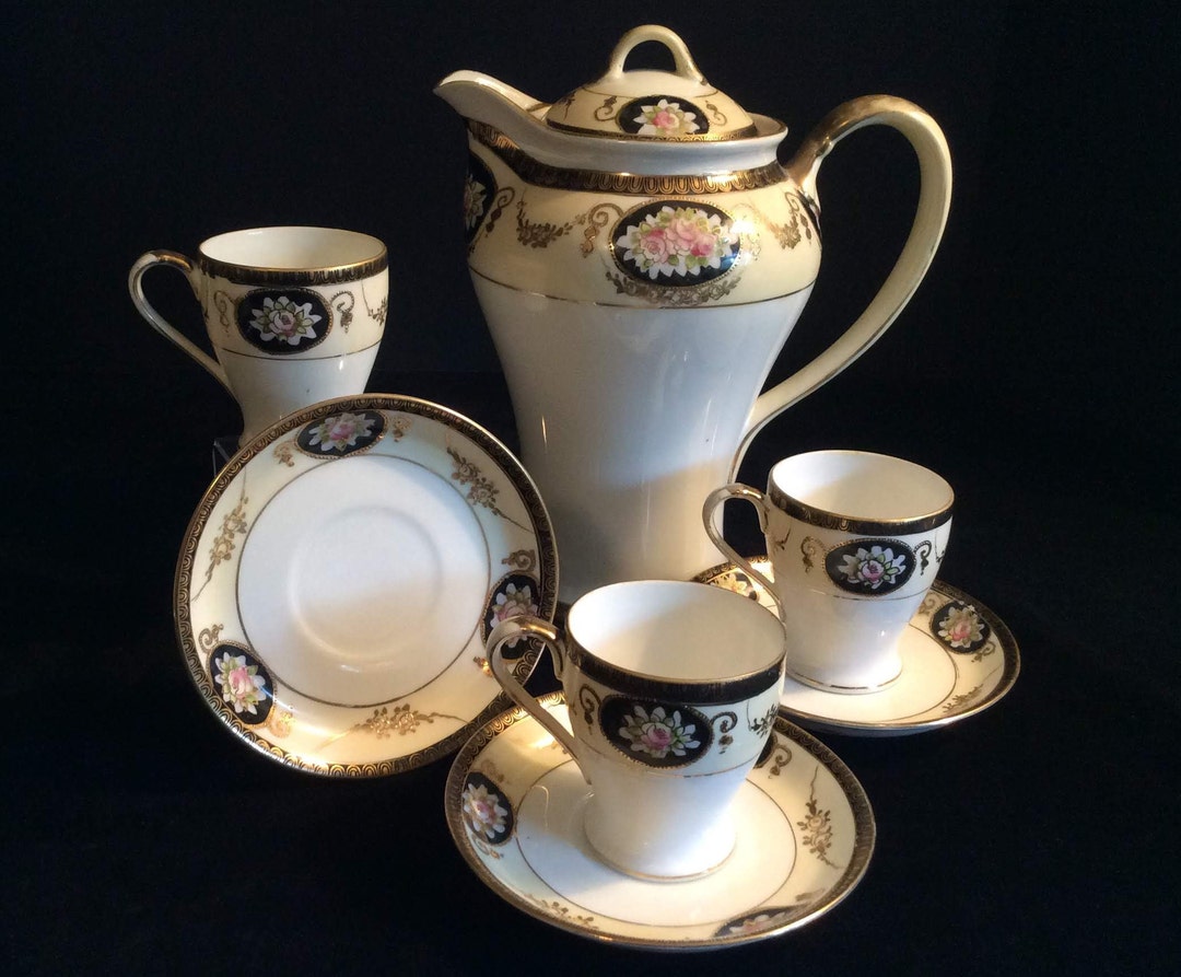 Antique Chocolate Pot Set, Demitasse Cups and Saucers, Pink Roses ...