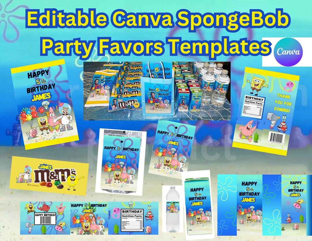 Canva Editable Spongebob Party Favor Templates, Chip Bags, Water Bottle ...
