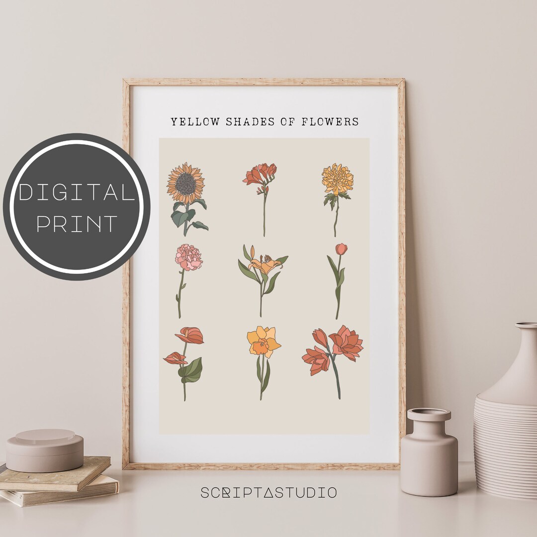 Flowers Chart Print, Botanical Chart, Yellow Shades Flower, Vintage Art ...