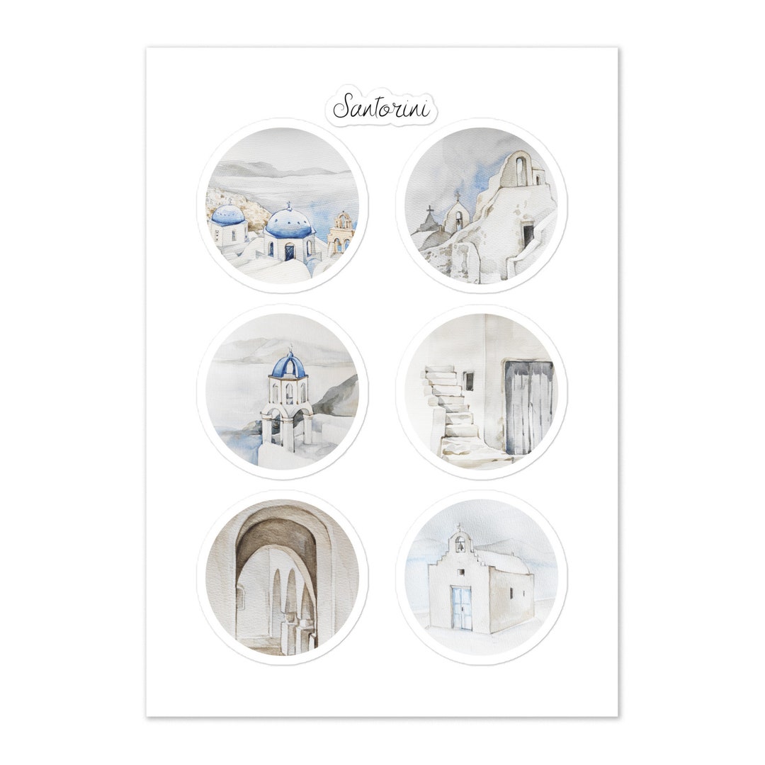 Santorini Sticker Sheet, Greece Sticker Pack, Watercolor Greece, Greek ...