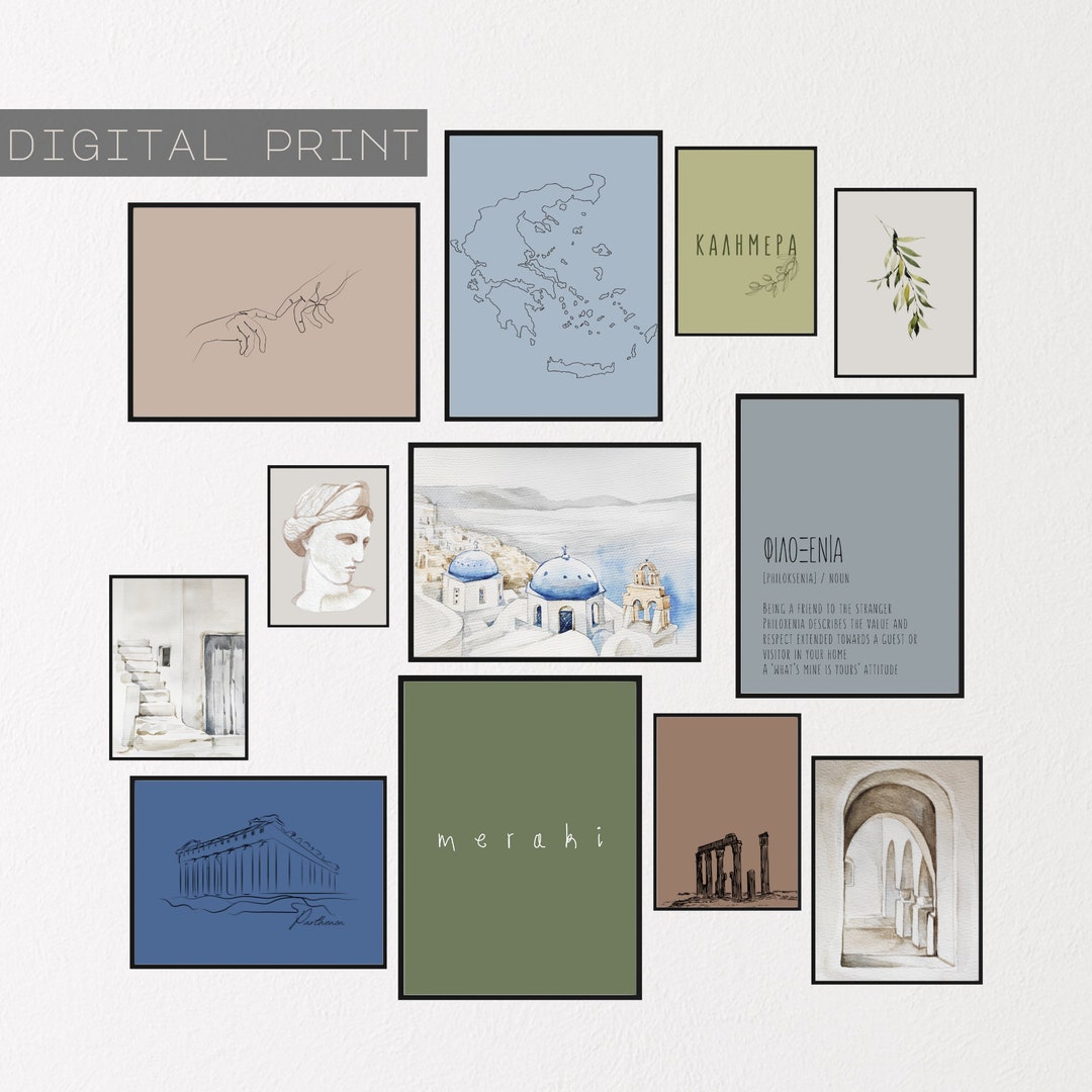 Greek Gallery Wall Art Set of 12 Prints, Greece Illustration, Line Art ...