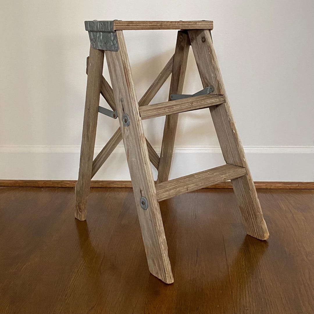 Step Ladder Wood Wooden 2 Rung Weathered and Paint Spattered Criss ...