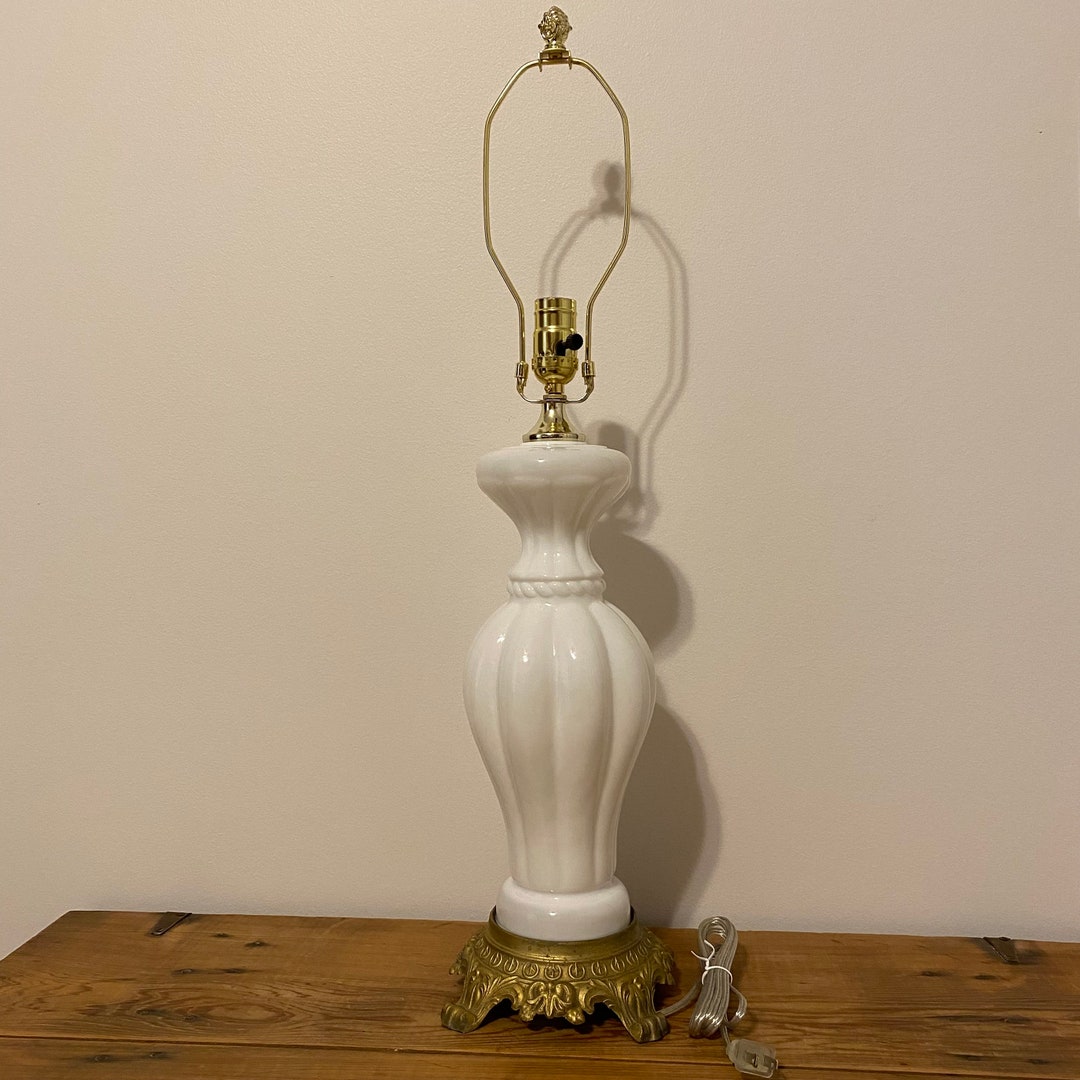 Lamp White Glass Tall Ornate Metal Base Vintage Farmhouse French ...