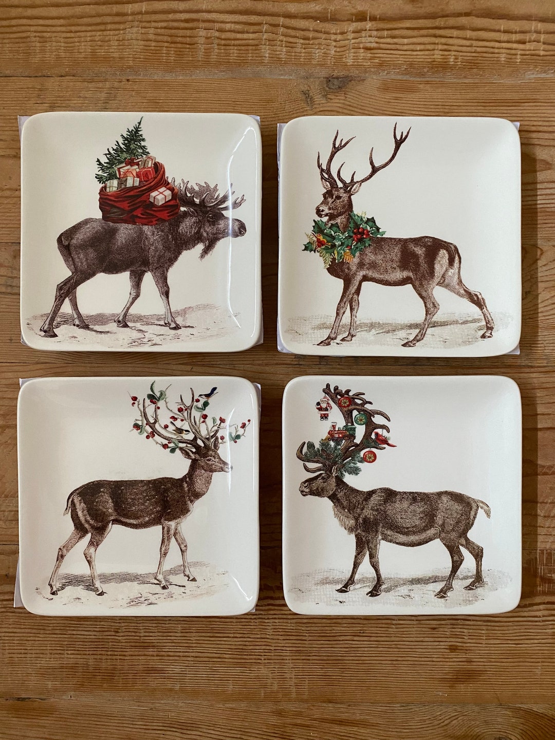 Pottery Barn Silly Stag Appetizer Plates 5 3/4 Square Christmas Holiday ...