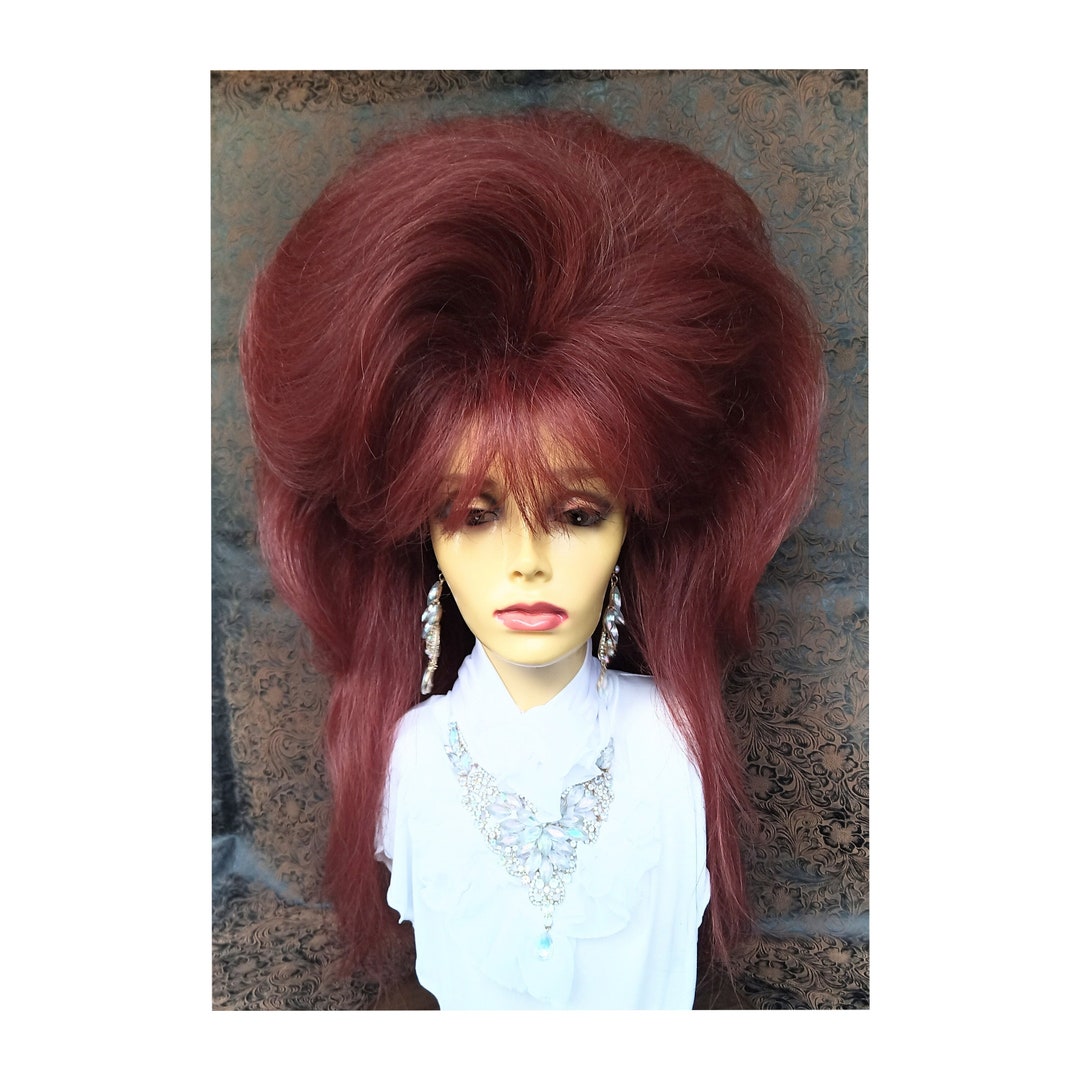 Dramatic Long Drag Queen Bouffant Burgundy Red Styled Banged Drag Wig