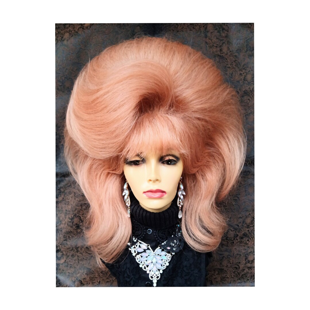 Dramatic Long Drag Queen Bouffant Apricot Color Styled Banged Drag