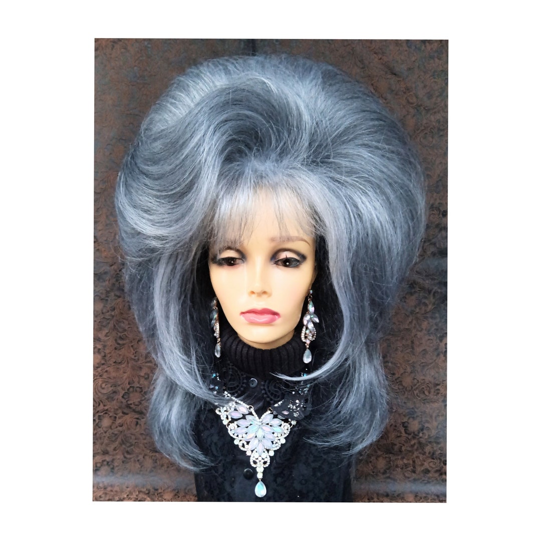 Dramatic Long Drag Queen Bouffant Black And Silver Grey Color Mix