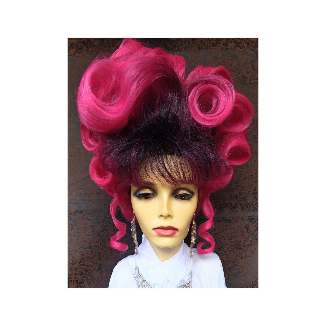 Dramatic Drag Queen Up Do Bouffant Dark Rooted Hot Pink Styled Banged