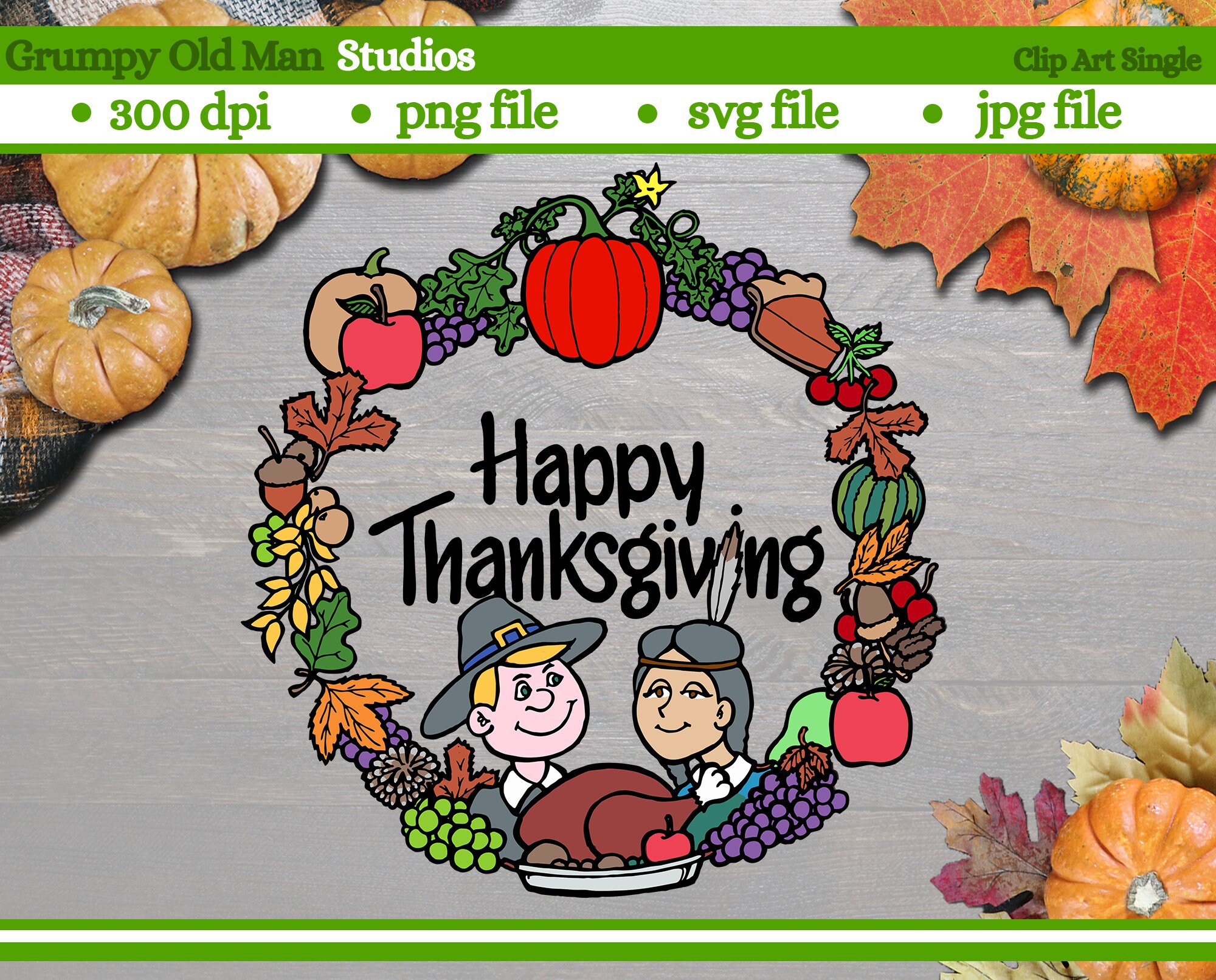 Autumn Wreath Clip Art Happy Thanksgiving Pilgrims Eps File Png File ...