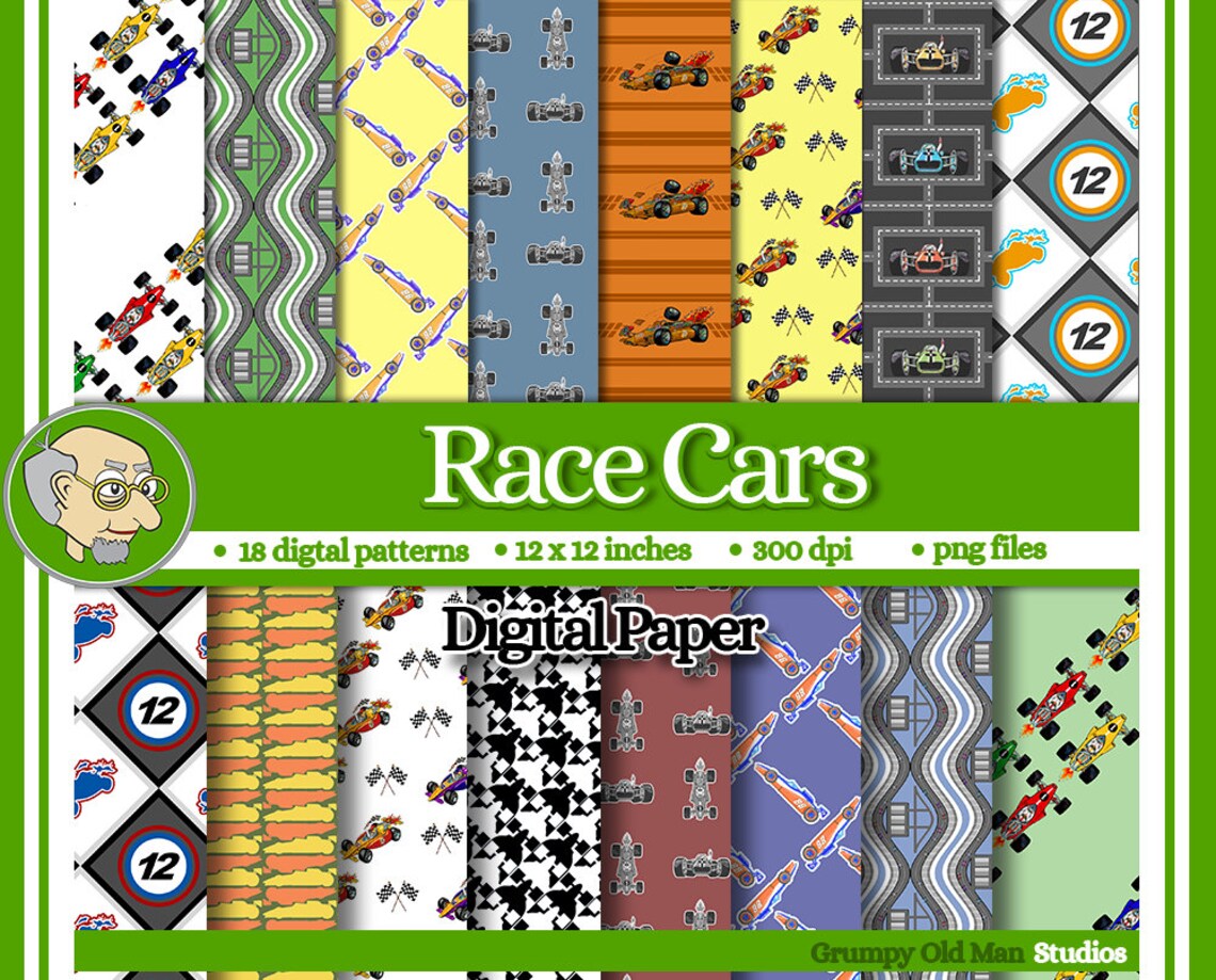Race Car Digital Paper - Hand Drawn Patterns for Digital Download - Etsy