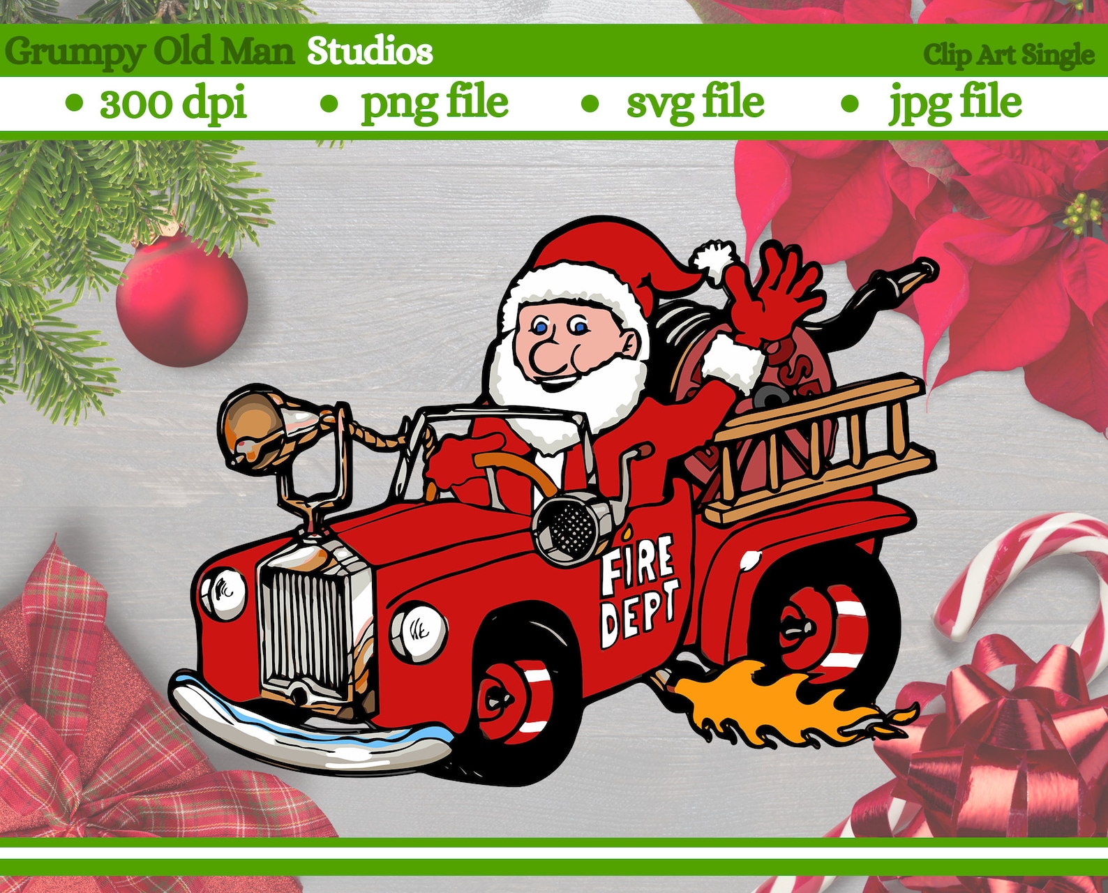 Santa Claus Driving a Firetruck Clip Art | Fireman Santa Claus Cut File ...