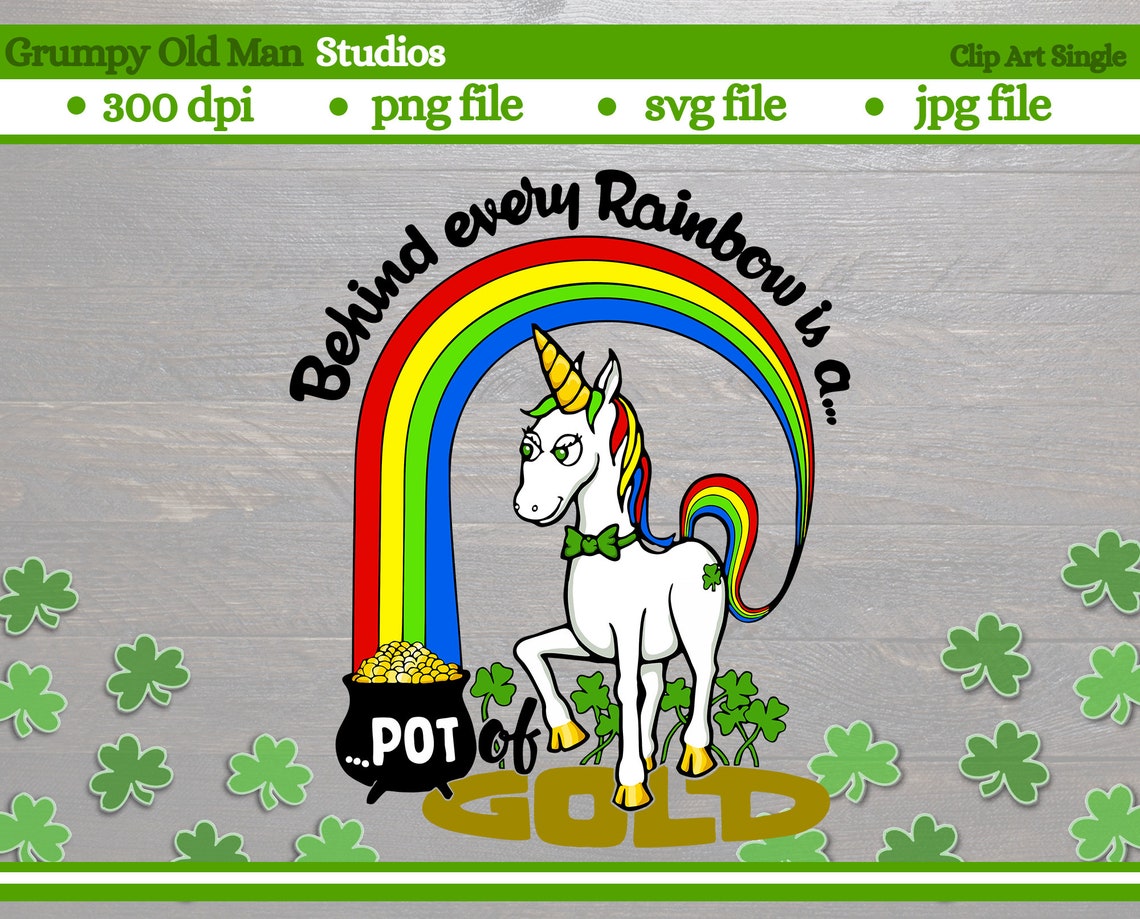 Rainbow Unicorn Clip Art Saint Patrick's Day Pot of Gold Png File Svg ...