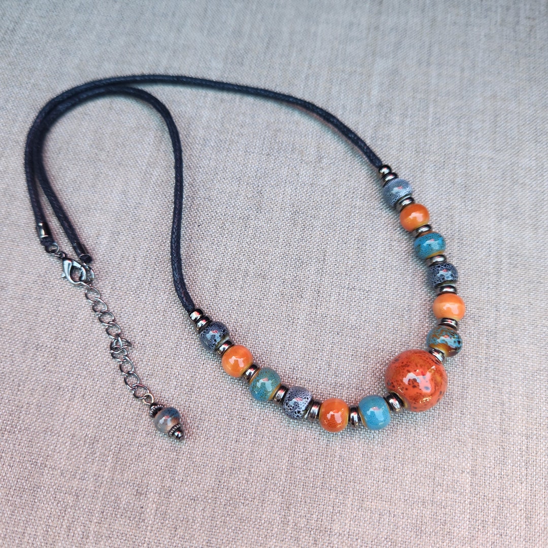 Ceramic Beaded Necklace on Black Cording - Etsy