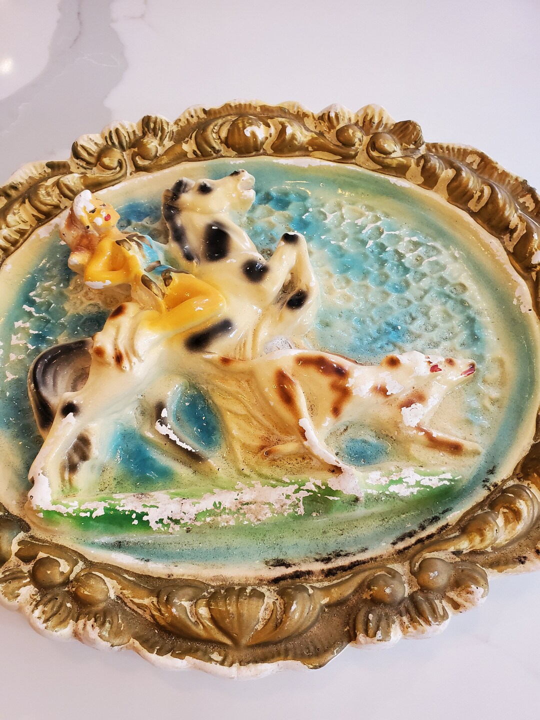 Vintage Pair of Chalkware Wall Plaques - Lady Hunter on Horse, Kitsch ...