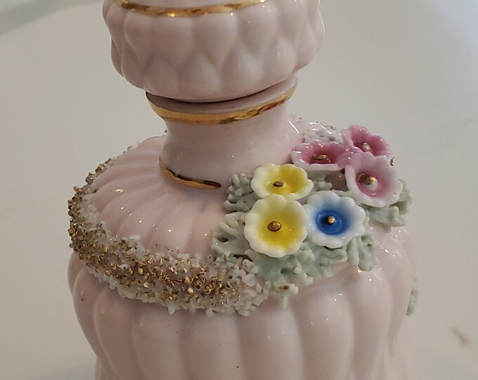 Pretty Ceramic Perfume Bottle - Pink With Flowers Part of Vintage ...