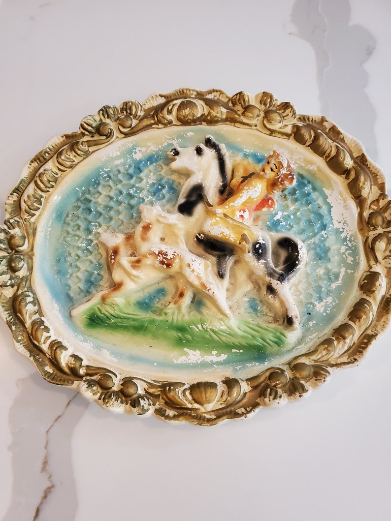 Vintage Pair of Chalkware Wall Plaques - Lady Hunter on Horse, Kitsch ...