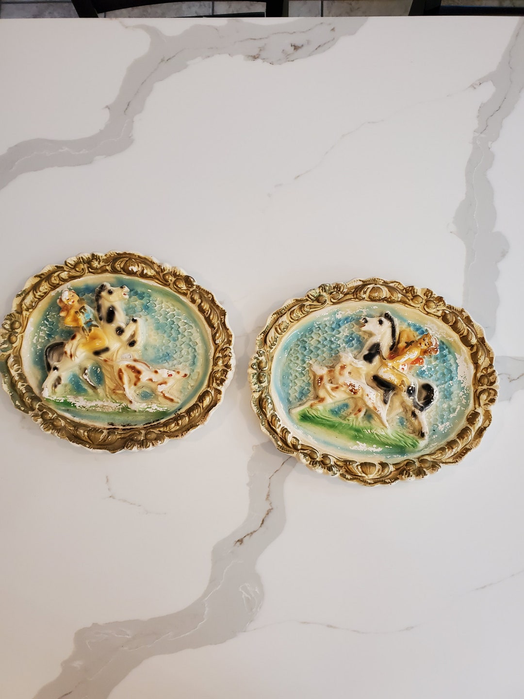 Vintage Pair of Chalkware Wall Plaques Lady Hunter on Horse - Etsy