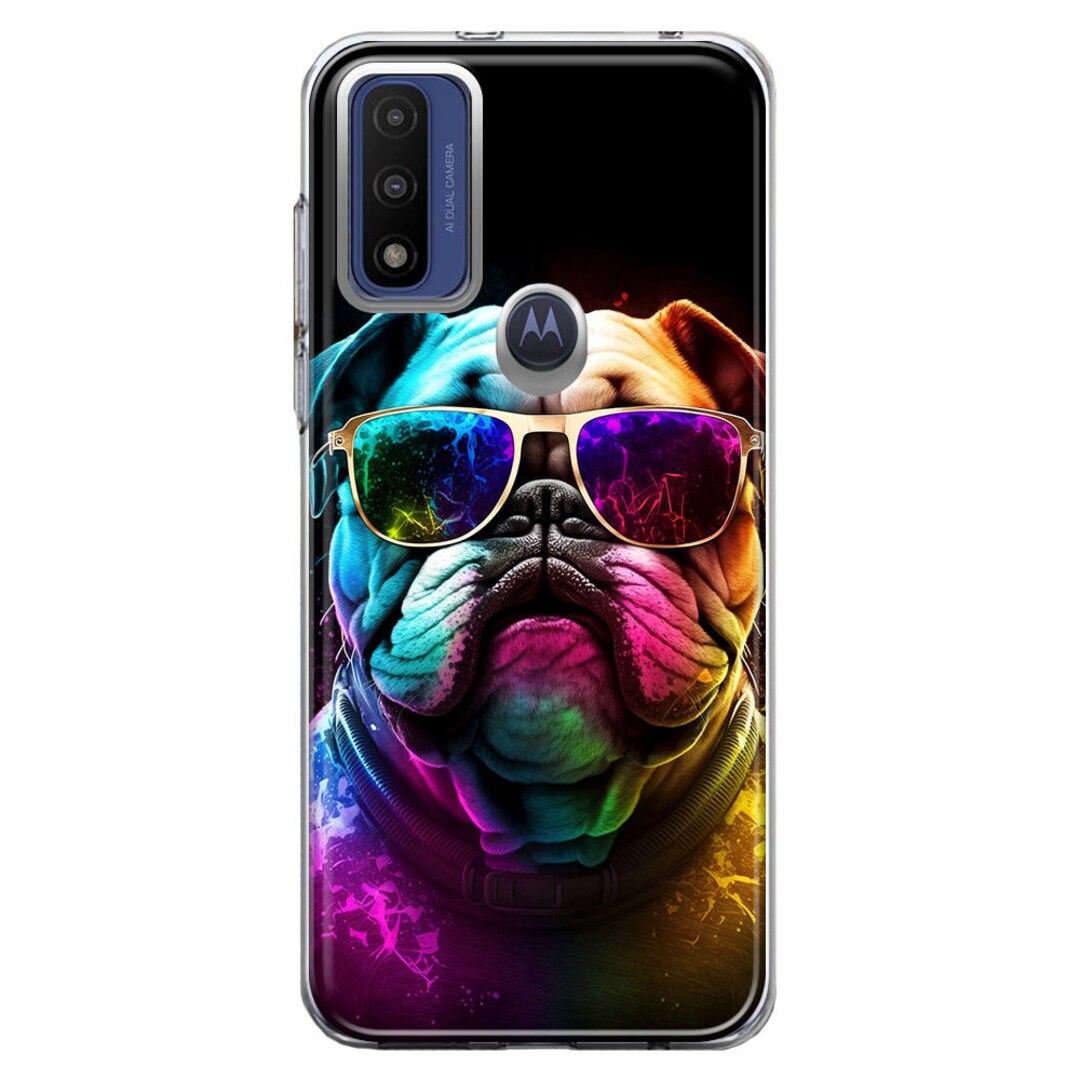 For Motorola Moto G Pure Neon Rainbow Glow Bulldog Hybrid Protective ...