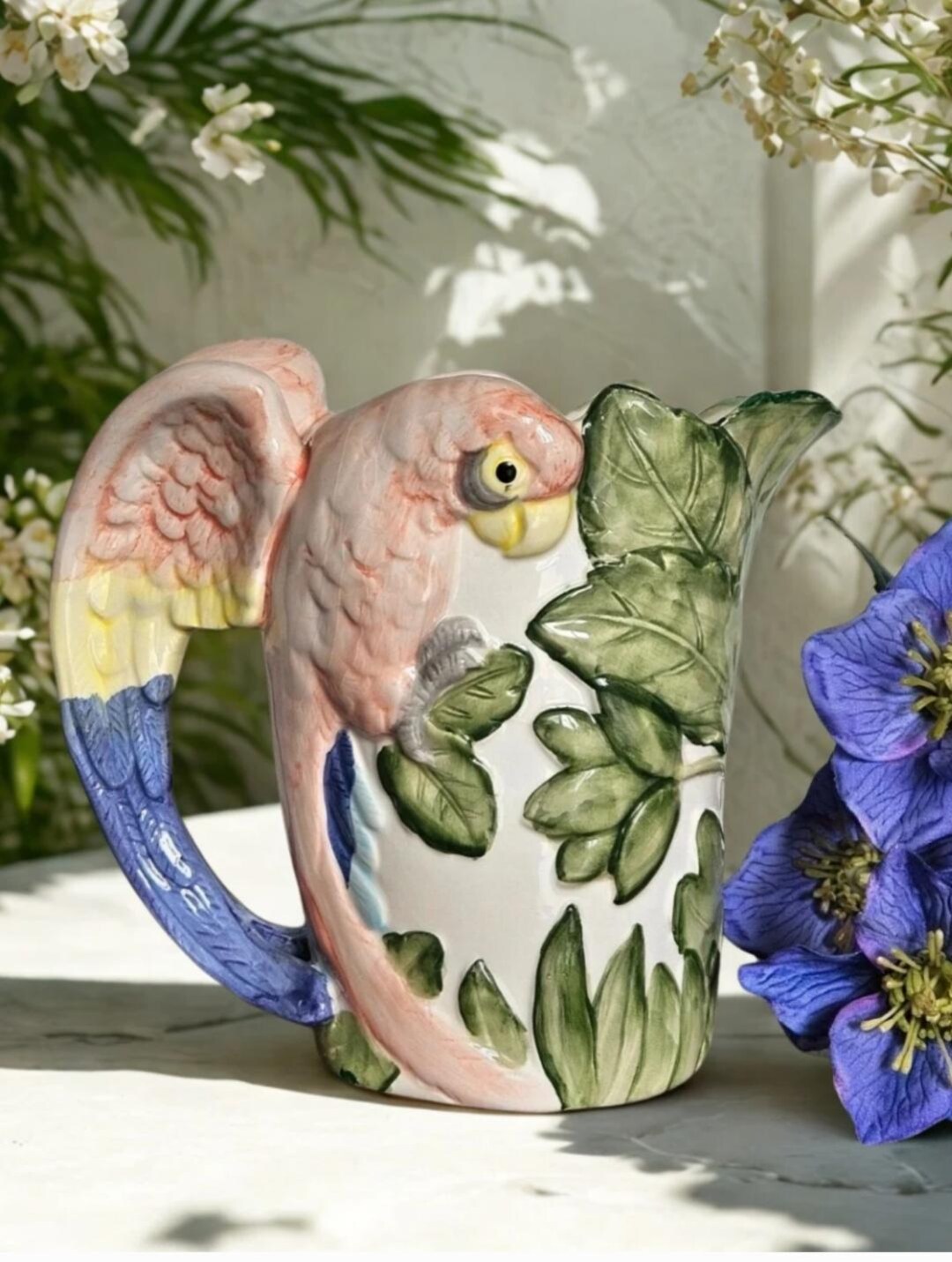 Vintage French Parrot Pitcher – Hand-painted Barbotine Ceramic Jug ...