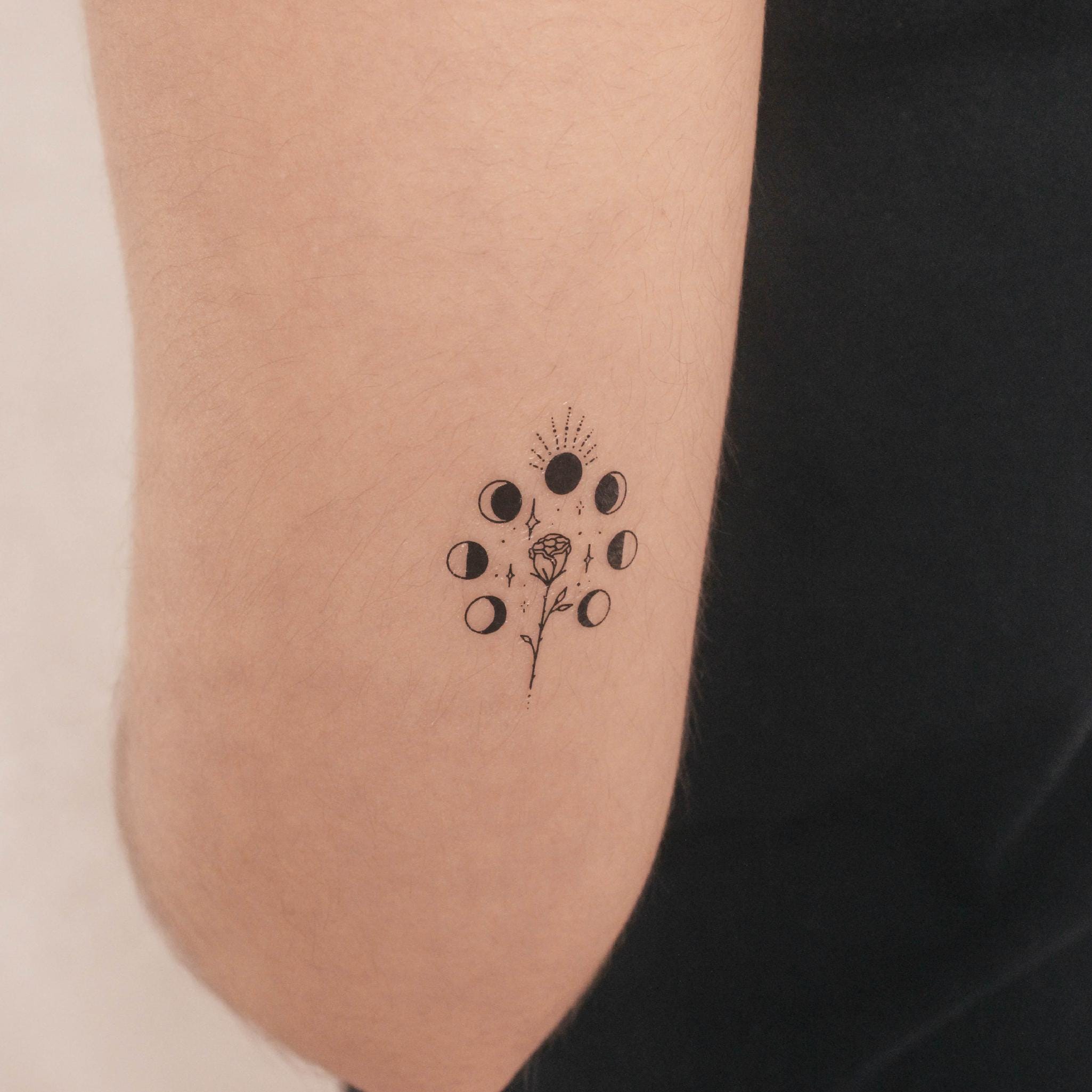 Fine Line Rose & Moon Phases Temporary Tattoo (set of 3) - Etsy
