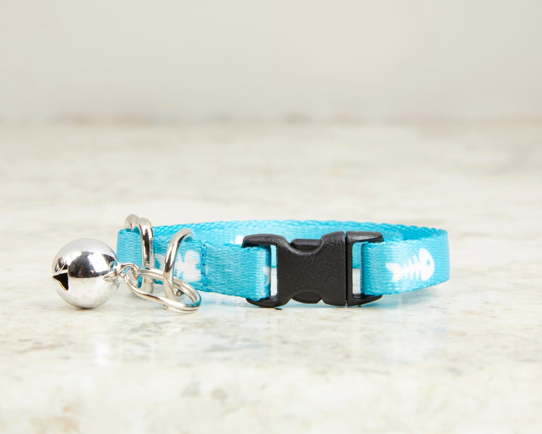 Fish Blue and White Fish Bone Skeleton 3/8 Inch Cat Collar With or ...