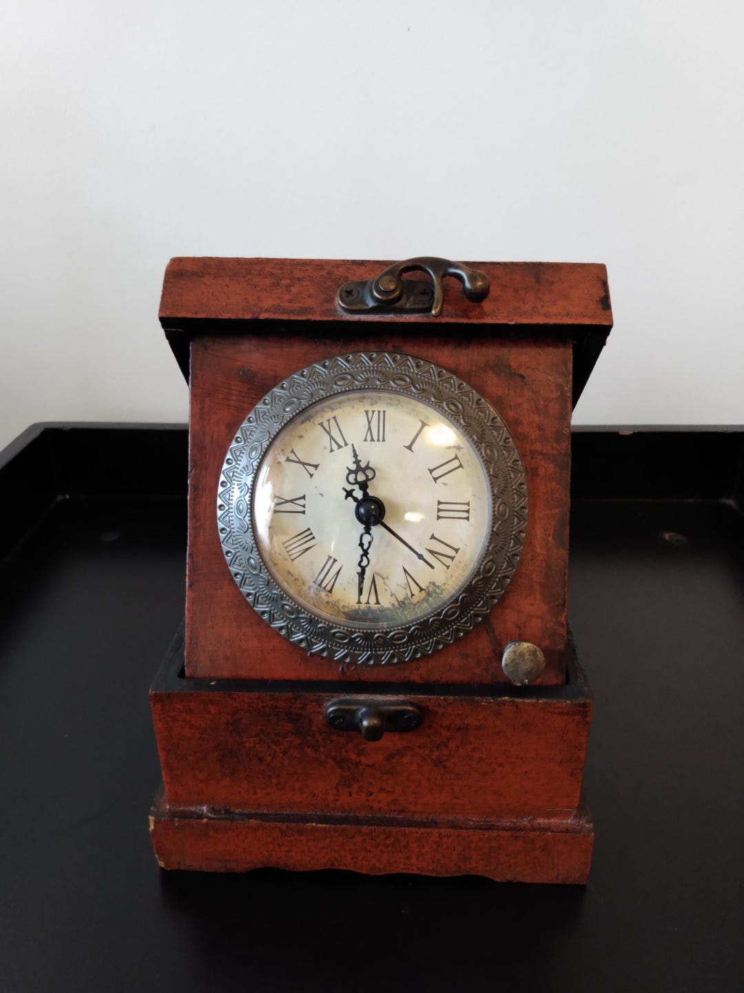 Vintage Small Wood Storage Box With Pop up Clock working - Etsy