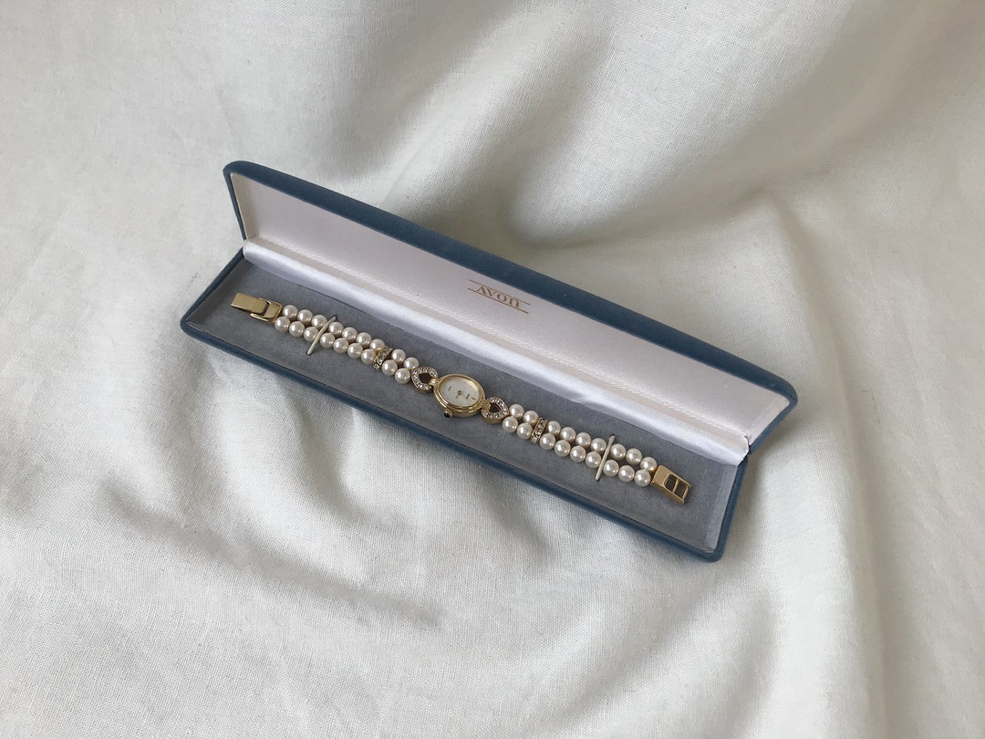 Vintage AVON Gold Tone Metal and Faux Pearls Women Watch, Original Box ...