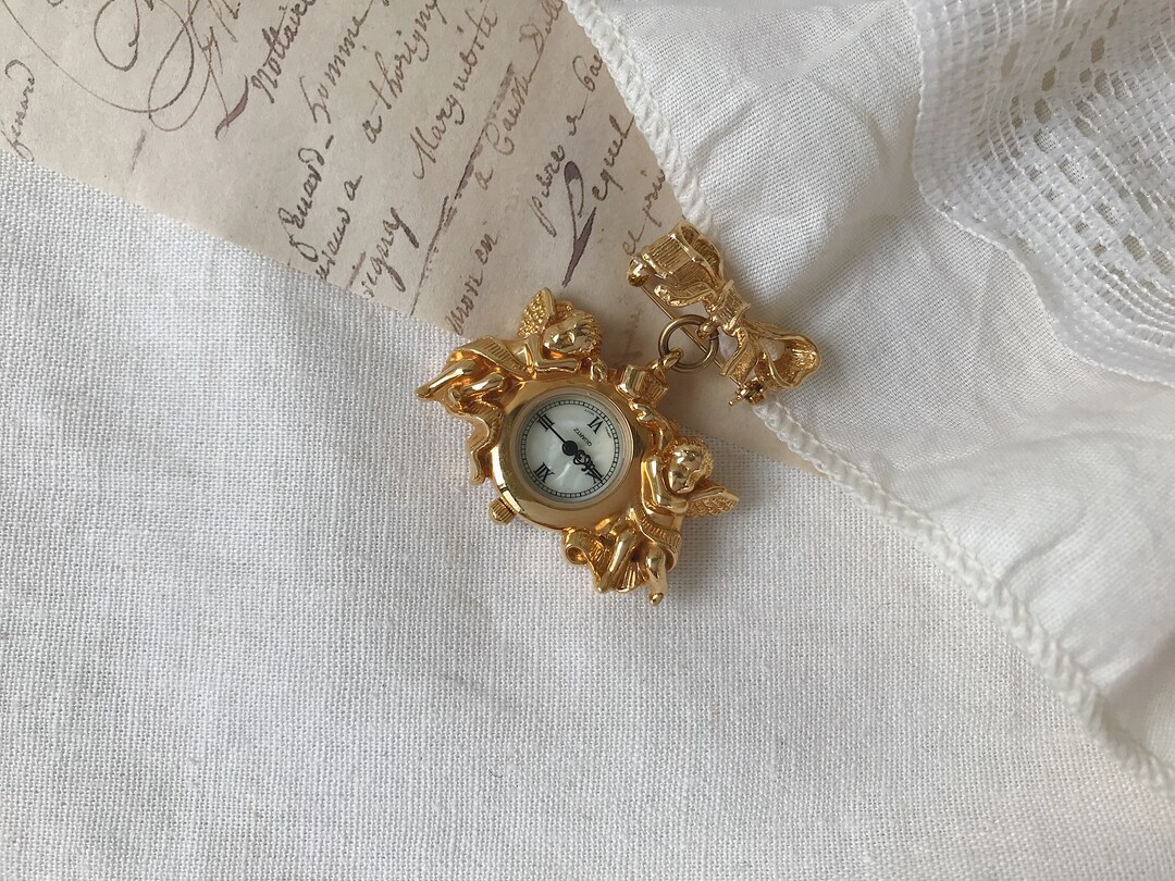 Vintage AVON Gold Tone Metal Cherubs/angels Watch Brooch, Quartz JAPAN ...