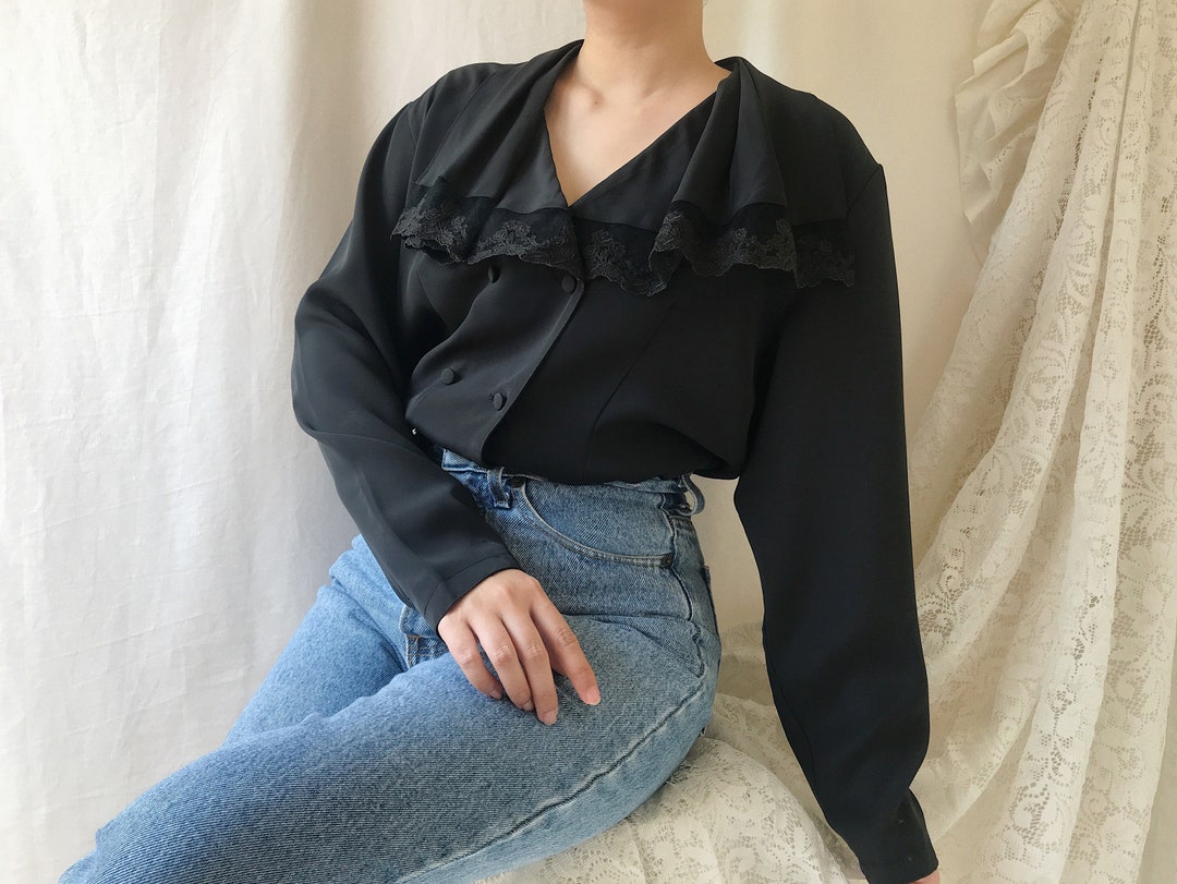 Vintage Black Long Sleeve Blouse With Ruffle Lace Trim Collar, Ruffle ...