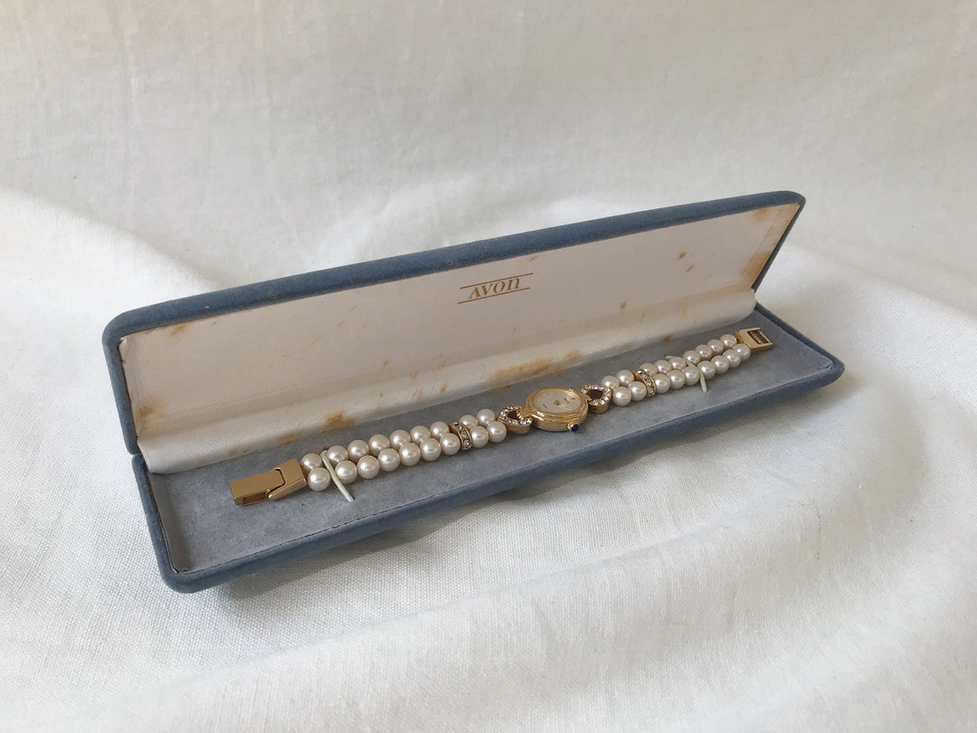 Vintage AVON Gold Tone Metal and Faux Pearl Women Bracelet Watch, Made ...